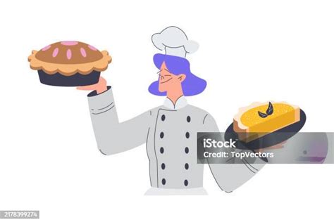 빵집 와 여자 제빵사 제복 파악 구워진 파이 벡터 일러스트 가정 주방에 대한 스톡 벡터 아트 및 기타 이미지 가정 주방