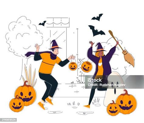 친구들은 할로윈을 축하합니다 소년과 소녀 에서 마녀 모자 에서 근처 호박 공포와 공포의 가을 국제 휴일 아이들은 함께 즐거운 시간을 보냅니다 선형 벡터 그림 계절에 대한