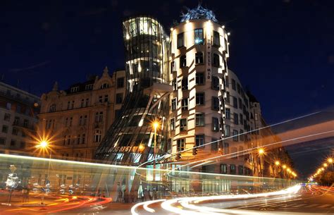 Czech Prague Dancing House Lights Czech Republic Night Waterfront