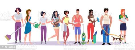 혼합 레이스 사람들 청소 팀을 하 고 집안일 남자 여자 서 함께 가사 개념 남성 여성 만화 캐릭터 전체 길이 수평 배너 가사 집안일에 대한 스톡 벡터 아트 및 기타 이미지