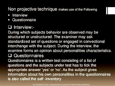 ASSESSMENT OF PERSONALITY PROJECTIVE AND NON PROJECTIVE TECHNIQUES PPTX