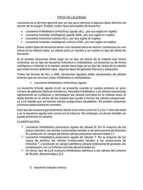 Tipos De Leucemia Pdf Leucemia Leucocito