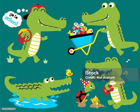 친구들과 다른 행동으로 재미있는 악어 만화의 벡터 세트 놀기에 대한 스톡 벡터 아트 및 기타 이미지 놀기 만화 앨리게이터 Istock