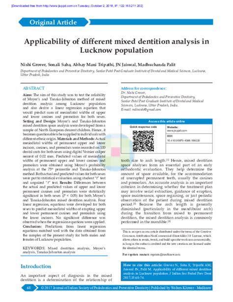 Pdf Applicability Of Different Mixed Dentition Analysis In Lucknow