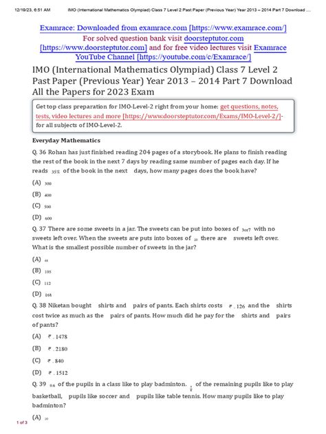 imo level 2 class 7 paper 2013 2014 part 7 pdf