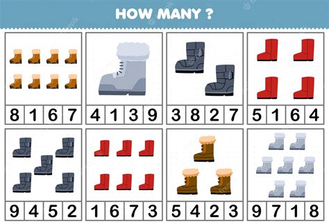 귀여운 만화 부츠 인쇄용 겨울 워크시트의 각 테이블에 얼마나 많은 물건이 있는지 세는 아이들을 위한 교육 게임 프리미엄 벡터