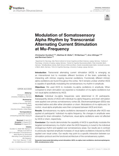 Pdf Modulation Of Somatosensory Alpha Rhythm By Transcranial