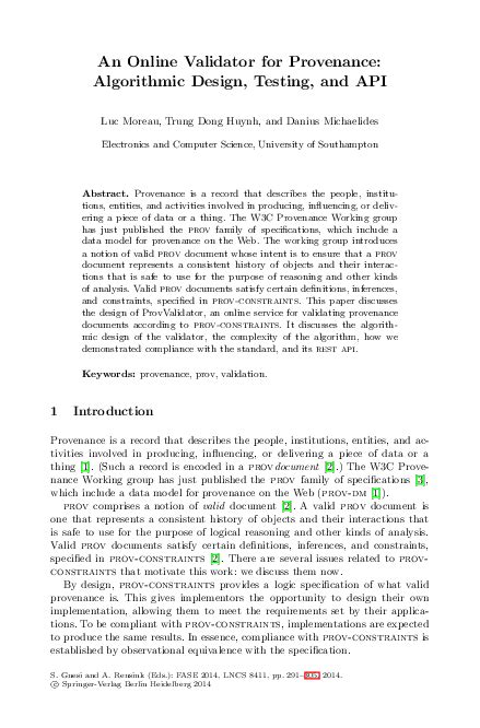Pdf An Online Validator For Provenance Algorithmic Design Testing And Api
