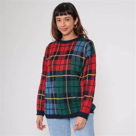 90s Plaid Sweater Red Green Blue Sweater Color Block Checkered Tartan