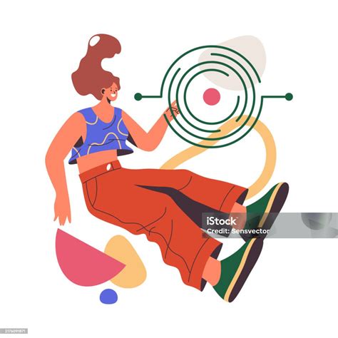 여성 캐릭터 장치 또는 가제트의 화면을 두드리고 평면 만화 벡터 일러스트 레이 션 미래 지향적인 화면과 버튼 커뮤니케이션 또는