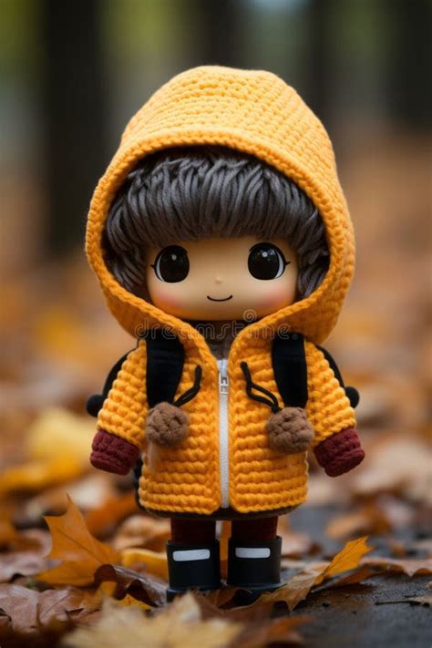 A Small Knitted Doll Wearing A Yellow Jacket Stock Illustration