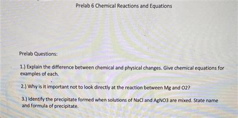 Solved Prelab 6 Chemical Reactions And Equations Prelab