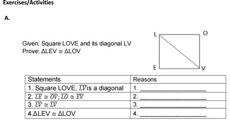 solved exercises activities a given square love and its diagonal lv
