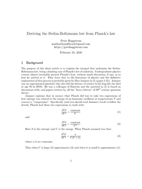 Deriving The Stefan Boltzmann Law From Plancks Law Pdf Mathematical Analysis Physics