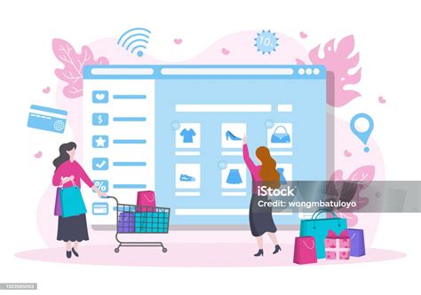 웹 사이트 방문 페이지 마케팅 요소 전자 상거래 일러스트레이션 웹 배너 및 디지털 결제를 위한 홈 온라인 쇼핑 플랫 디자인에서 컴퓨터를 사용하는 젊은 아름다운 여성 검색