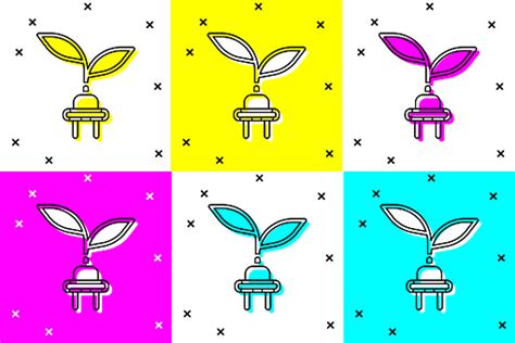 색상 배경에 격리 된 잎 아이콘에 전기 절약 플러그를 설정합니다 에너지 전기를 절약하십시오 환경 보호 바이오 에너지 벡터 0명에 대한 스톡 벡터 아트 및 기타 이미지