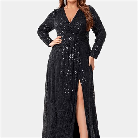 Plus Size Elegant Dress Womens Plus Plain Bat Sleeve Split Hem V Neck