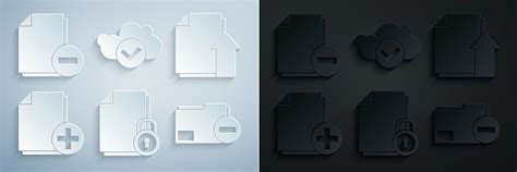 Set Document And Lock Upload File Document Add New Folder With Minus Cloud Check Mark And Icon
