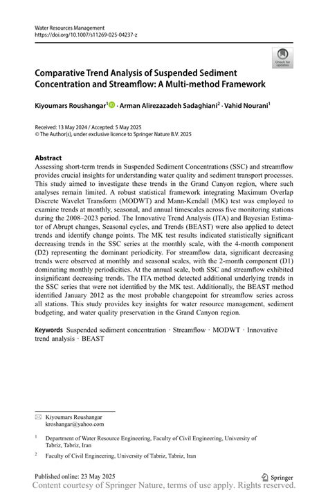 Comparative Trend Analysis Of Suspended Sediment Concentration And Streamflow A Multi Method