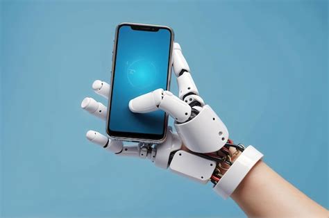 premium photo a closeup view of a robot hand grasping a cellphone isolated on a pastel blue