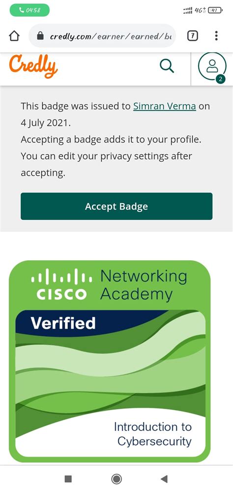 simran verma on linkedin cybersecurity badge