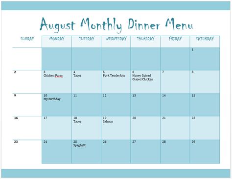 Monthly Menu Template Word