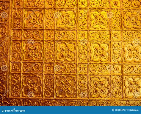 Burmese Art Pattern Motifs Decorative Design On The Golden Walls Of The Rooms In The Temple