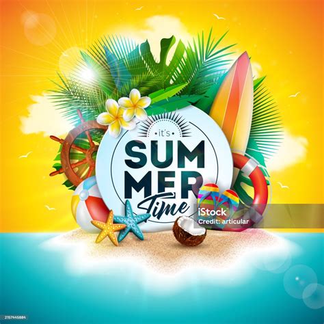 여름 시간 그림 와 바닷가 휴일 요소 통하고 있는 바다 풍경 배경 와 가 가 열대 식물 꽃 비치 볼 서핑 보드 코코넛 및 선글라스 타이포그래피 편지 배너 전단지 초대장