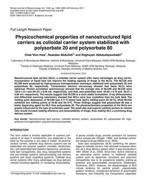 Pdf Physicochemical Properties Of Nanostructured Lipid Carriers As Colloidal Carrier System
