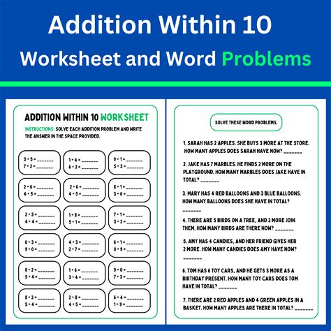 Addition Within 10 Worksheet Word Problems Made By Teachers