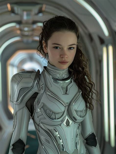 A Beautiful Woman In Silver And Diamond Armor In An Alien Space Station