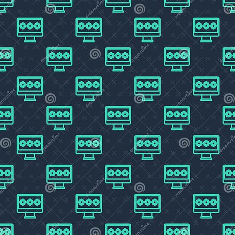 Green Line Monitor With Password Notification Icon Isolated Seamless Pattern On Blue Background