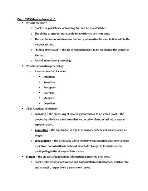 Psych 3513 Memory Notes Pt 1 1 What Is Memory O Book The