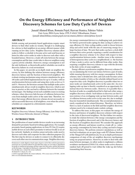 Pdf On The Energy Efficiency And Performance Of Neighbor Discovery Schemes For Low Duty Cycle