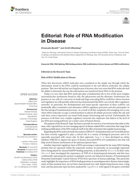 Pdf Editorial Role Of Rna Modification In Disease