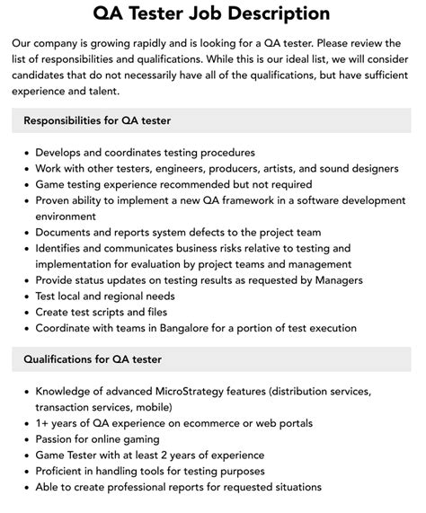 qa tester job description velvet jobs