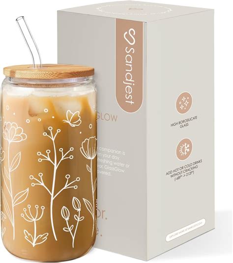 Sandjest Floral Cup 16 Oz Can Glass With Bamboo Lid And