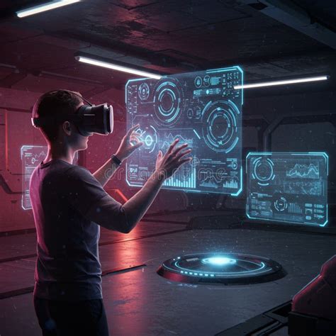 A Young Man Wears A Vr Headset Interacting With Digital Holographic
