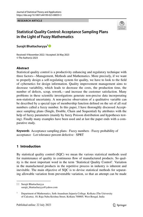 Pdf Statistical Quality Control Acceptance Sampling Plans In The