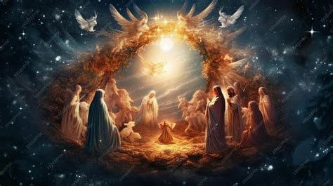 Premium Ai Image A Group Of People Standing Around A Nativity With Angels Generative Ai