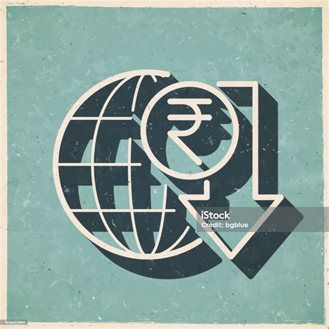 Indian Rupee Rate Decrease Icon In Retro Vintage Style Old Textured Paper Stock Illustration