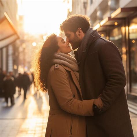 Premium Photo Couple Kissing During Romantic Date At Sunset On Street