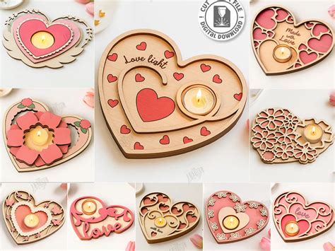 Heart Shaped Wooden Candle Holders Laser Cut Bundle Valentines Day