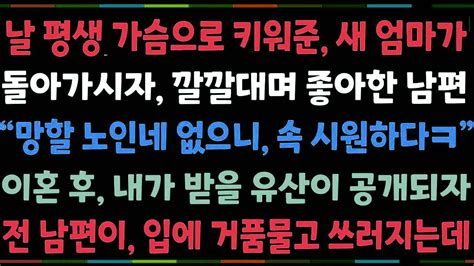 반전신청사연날 평생 가슴으로 키워준 새엄마가 돌아가시자 깔깔대며 좋아한남편 망할 노인네 없으니 시원하다 이혼후 내가받을 유산이 공개되자 신청사연 사이다썰 사연