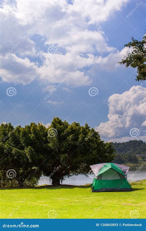 Camp And Tent On Green Grass Field Under Clear Sky Stock Image Image