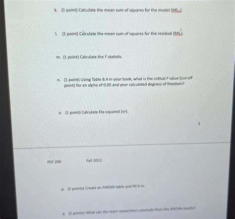 Solved K 1 Point Calculate The Mean Sum Of Squares For