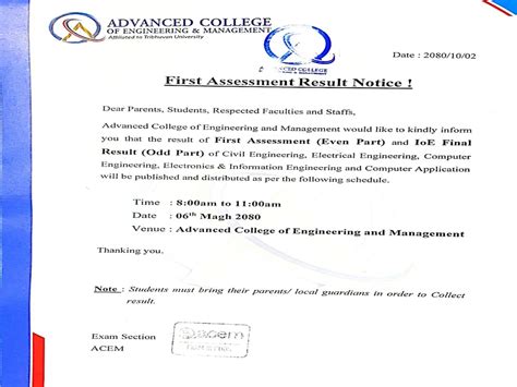 First Assessment Result Notice Advanced College Of Engineering And Management