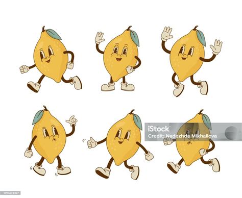 다양한 포즈와 감정을 가진 재미있는 복고풍 만화 레몬 캐릭터 세트 1970 1979 년에 대한 스톡 벡터 아트 및 기타 이미지 1970 1979 년 1980 1989
