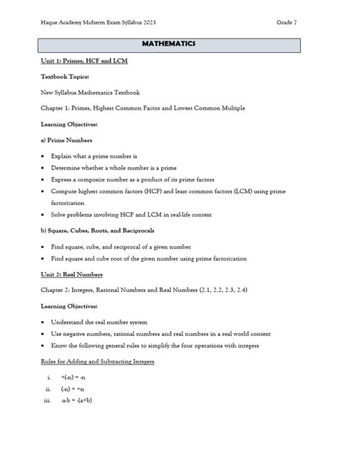 Grade 7 Midterm Exam Syllabus 2023 Pdf Numbers Algebra