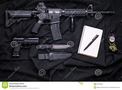 Top View On The Weapon Compass And Notepad Stock Image Image Of Desk